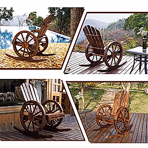Spurgehom Outdoor Wood Rocking Chair, Wagon Wheel Decor Armrest Yard Glider Rocking Patio Chair with Slatted Design, Adirondack Rocking Chair for Porch Lawn Garden Balcony Poolside, Brown