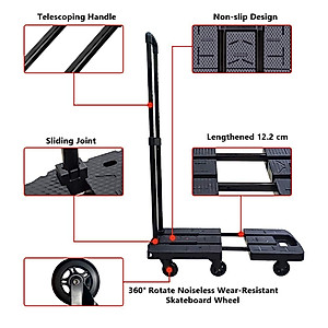Folding Hand Truck, Wear-Resistant Noiseless 360°Rotate 7 Wheels 245KG/540LBS Capacity Extendable Large Base Adjustable Handle Portable Heavy Duty and Durable Trolley Dolly For Cargo Handling Shopping