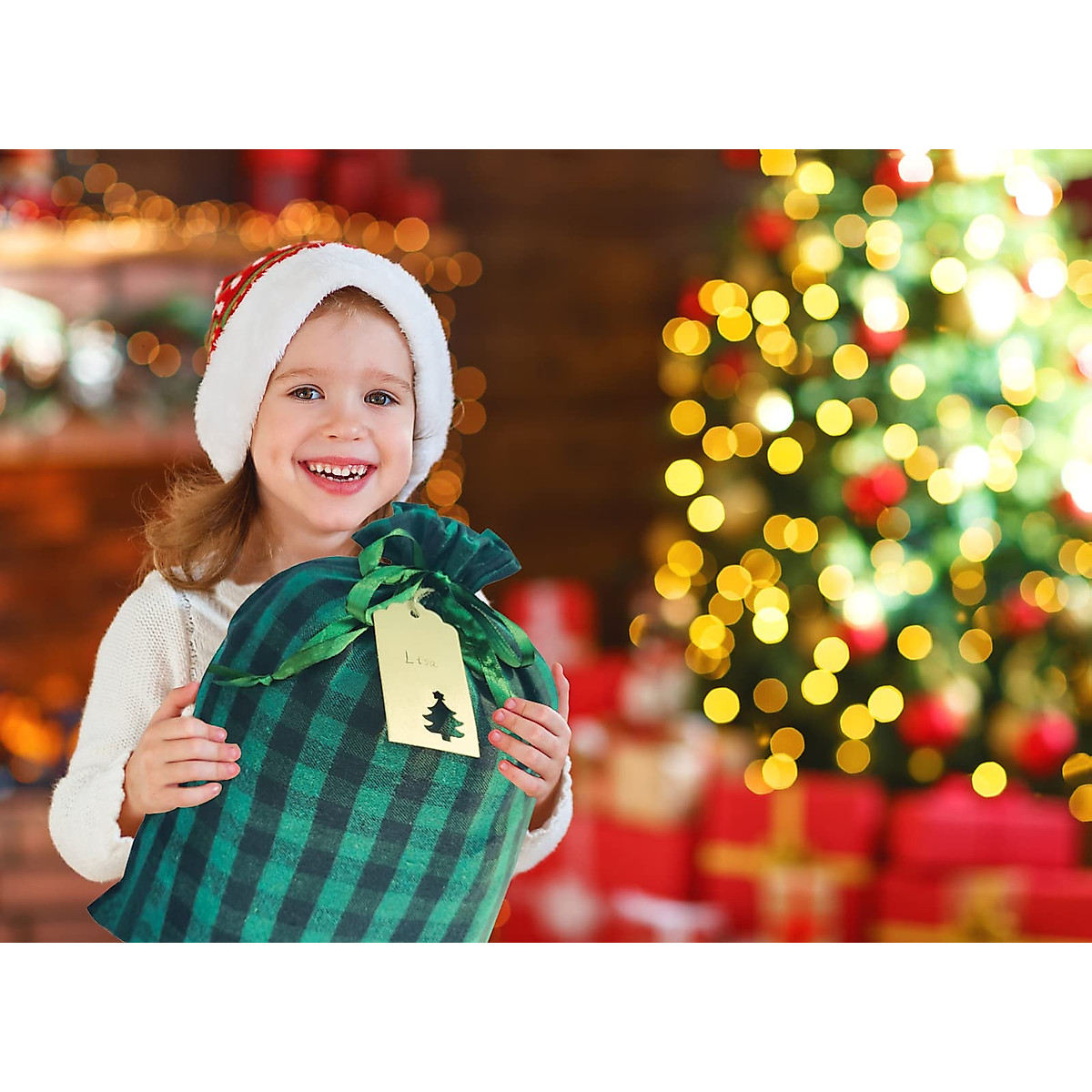 Eylola 6 Pieces 11.8 x 15.7 inch Christmas Buffalo Plaid Drawstring Bag Cotton Xmas Bag Plaid Present Bag Christmas Santa Sack Xmas Stocking Bag Party Supplies (Green and Black)