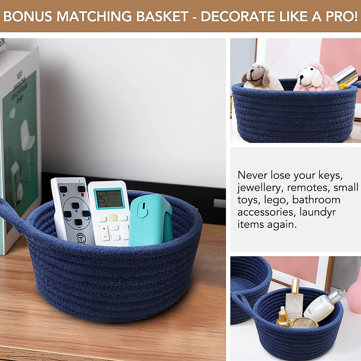 XXXL Blanket Basket Large Blanket Storage Living Room 21.7" x 21.7" x 13.8" Basket for Storing Blankets and Toys + Small Basket for Toys, Keys| Basket for Blankets Brown and White