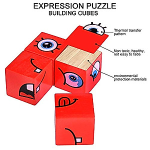 ERUGI Wooden Expressions Matching Block Puzzle Educational Games Montessori STEM Toy for Kids Preschool Ages 3 Years and Up,Face-Changing Cube Building Blocks (16 Blocks, 64 Cards)