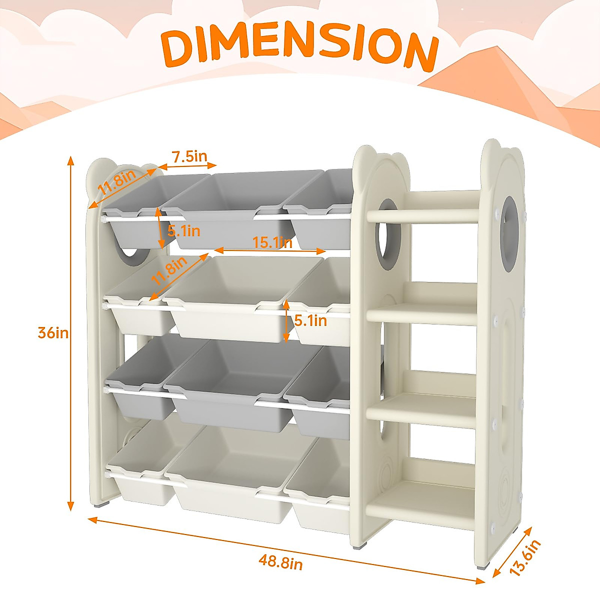 LulliSpace Kids Toy Storage Organizer with 12 Removable Plastic Bins, Modern Toy Organizer Kids Book Rack Storage Bookshelf,Kids and Toddler Toy Storage for Playroom,Daycare and Nursery,4 Tiers