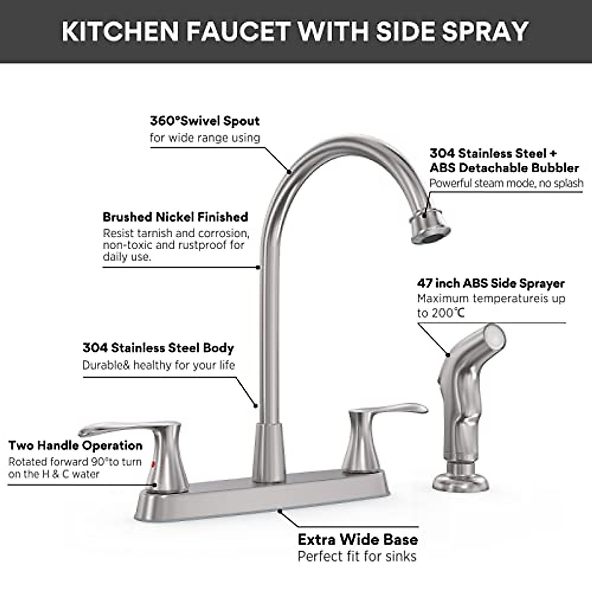 GOWIN Brushed Nickel Kitchen Faucet with Side Sprayer, Two Handle High Arc 4 Holes 8 Inch Centerset Stainless Steel Kitchen Sink Faucet with Pull Out Sprayer,Grifos De Cocina