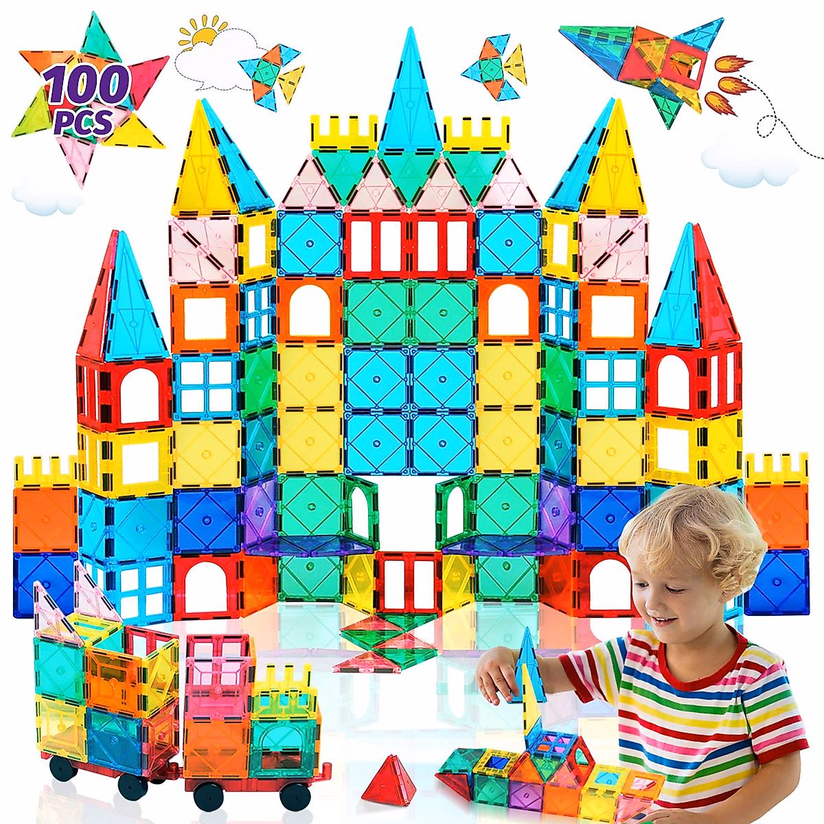 NVHH 100PCS Magnetic Tiles Blocks for Kids Ages 3-5 4-8,STEM Learning Educational Preschool Magnet Building Toys for Toddlers,Christmas Birthday Gifts Toys for 3 4 5 6 7 8+ Year Old Boys Girls