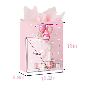 LUCKY AID 13” Birthday Gift Bag with Handle and Tissue Paper, Gift Bag for Boys, Girls, Women and Men’s Birthday Party, Baby Shower, Christmas Party Supplies (Pink)
