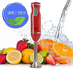 Moss & Stone Hand Blender Electric - With Egg Whisk & Chopper, Powerful 300- Watt - Immersion Hand Blender, Hand Mixer Set Stainless Steel Shaft & Blades, Handheld Blender With Ergonomic Handle, Red Blender