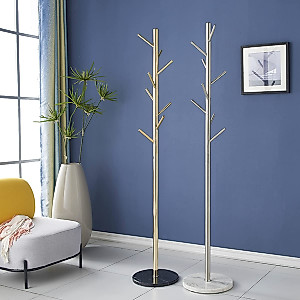 Jolitac Metal Coat Rack Stand Satin Steel Finish Stable Marble Base, High-Grade with Hooks Metal Tree Hat & Coat Hanger Floor Free Standing Wall Bedroom Easy Assembly (Satin Steel)