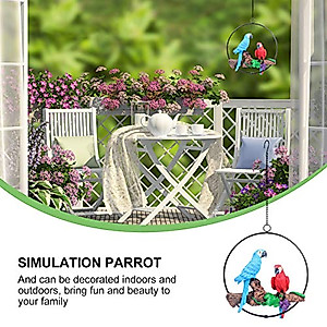 YARNOW Patio Home Garden Hanging Macaw Parrot Perching on Branch in Metal Round Ring Figurine Sculpture Nature Lovers Tropical Bird Collectors Decor Red Blue
