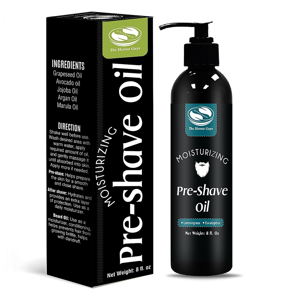 The Henna Guys 8 fl. Oz, Lemongrass & Eucalyptus Pre Shave Oil for Men, Premium Pre Shave Oil, Excellent Shaving oil for Men, Prepares for a burns free Shave, Works with Straight or Safety Razor