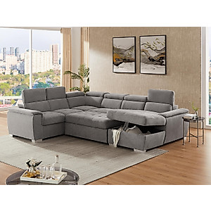 THSUPER 125'' U Shaped Sectional Sleeper Sofa with Pull Out Bed, Storage Chaise Lounge, and Adjustable Headrest, Oversized Sectional Couches for Living Room - Belfast Light Grey