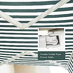 Diensweek Patio Awning Retractable 12'x10', Fully Assembled Manual Commercial Grade - Quality 100% 280G Ployester Window Door Sunshade Shelter - Deck Canopy Balcony P100 Series (Green/White Stripes)