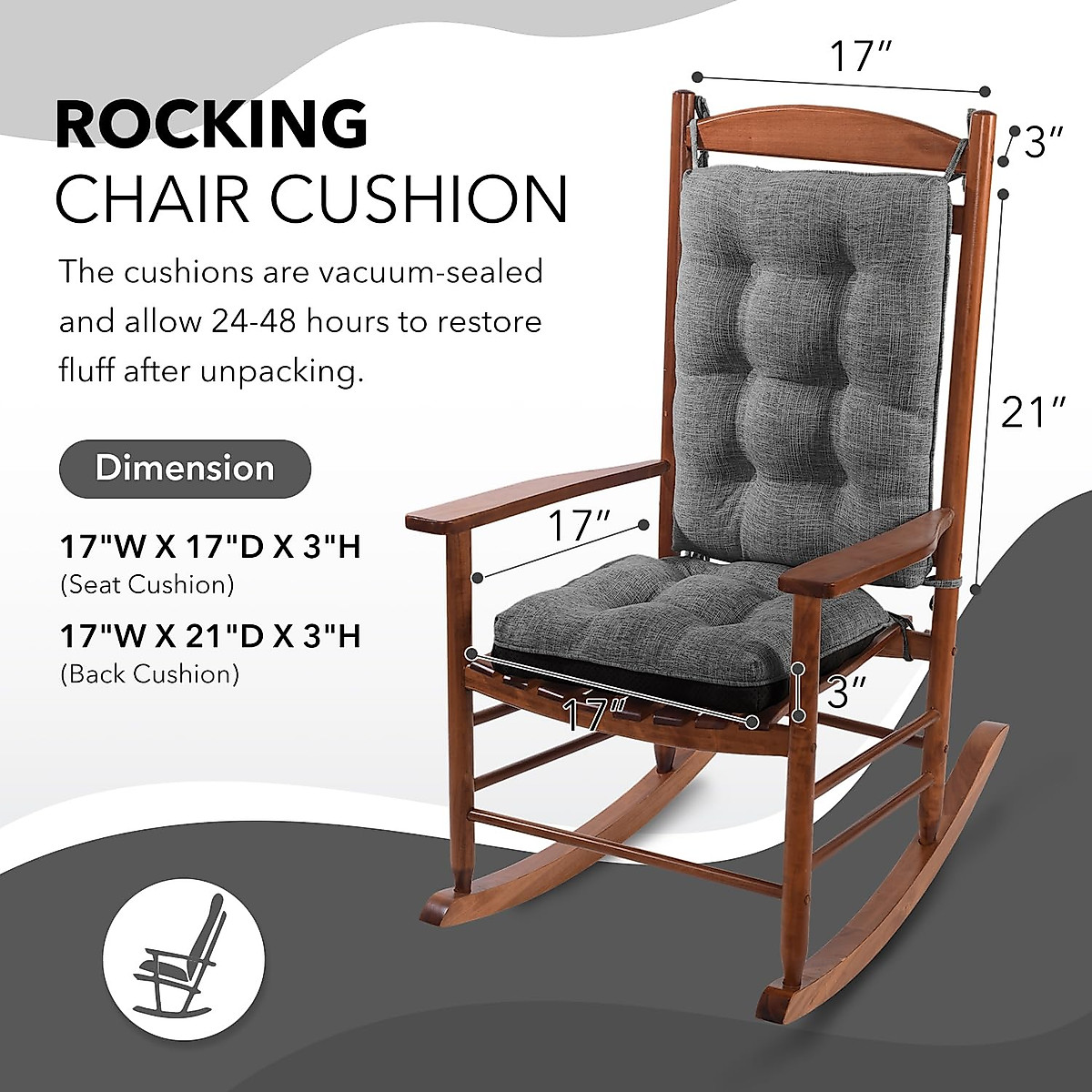 downluxe Indoor/Outdoor Rocking Chair Cushion Set, Tufted Comfortable Cushions for Rocking Chairs with Ties and Non-Slip Backing, Seat 17" x 17" x 3"/Back 21" x 17" x 3", Dark Grey, 2 Piece Set