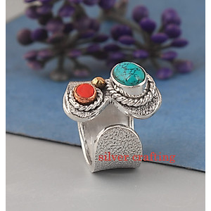 Turquoise And Coral Gemstone Ring Thumb Sterling Silver Natural Stone Ring Personalized Boho Ring (7.5)