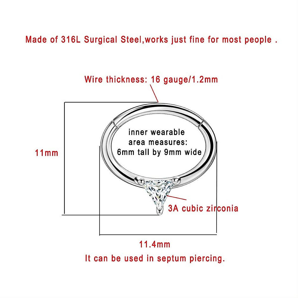 FANSING Surgical Steel Triangular Cubic Zirconia Septum Clicker Silver Septum Piercing Rings 16g Septum Jewelry 8mm Oval Septum Ring Hoop