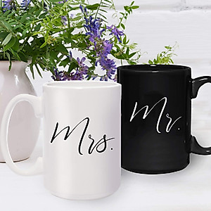 Canopy Street Mr And Mrs Matching Mugs / 2 Jumbo 15 Ounce White And Black Ceramic Mugs/Elegant Coffee Cup Gift Set/One Black Mug And One White Mug