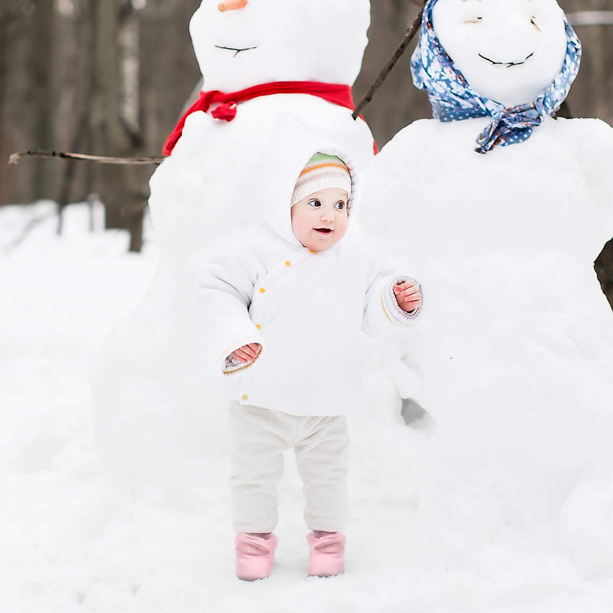 SATINIOR 3 Pairs Unisex Cozy Fleece Baby Booties with 3 Pairs Infant Cotton Socks (White, Gray, Pink,0-6 Months)