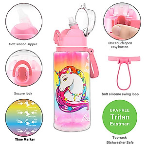 Home Tune 23oz Kids Water Drinking Bottle - Tritan BPA Free, Wide Mouth, Auto Flip Cap, Secure Lock, Easy Open, Lightweight, Leak-Proof Time Marker Water Bottle For Girls & Boys - Unicorn