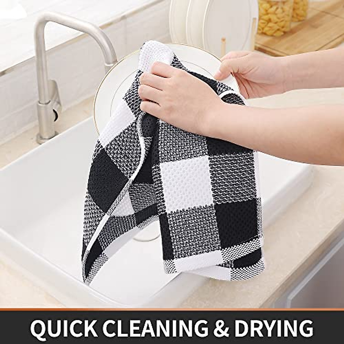 Homaxy 100% Cotton Waffle Weave Check Plaid Kitchen Towels, 13 x 28 Inches, Super Soft and Absorbent Dish Towels for Drying Dishes, 4-Pack, White & Black