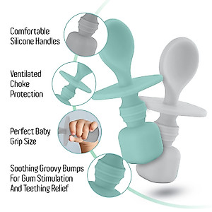 Silicone Baby Spoons for Baby Led Weaning 2-Pack, First Stage Baby Feeding Spoon Set Gum Friendly BPA Lead Phthalate and Plastic Free, Great Gift Set (Light Blue/Cool Gray)