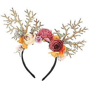 Amosfun Christmas Reindeer Antlers Headband Deer Antlers Ears Flower Hair Hoop Hair Band Holiday Headdress Hair Accessories for Christmas Party Supplies