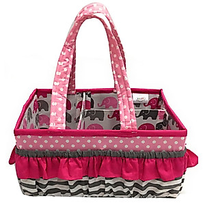 Bacati Elephants Girls Nursery Fabric Storage Caddy with Handles, Pink/Grey