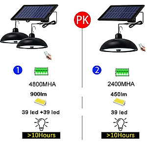 Aolyty Upgrade Solar Pendant Light with Double Head Shed Light 3 Working Modes Waterproof Solar Powered Hanging Lights with Remote Control Dimmable for Garden Yard Corridor Walkway Garage Driveway