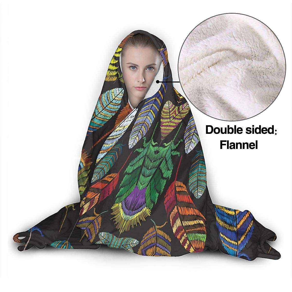 321DESIGN Bird Feather Wearable Blanket Fleece Hooded Robe Cloak Throw Quilt Poncho Microfiber Sherpa Plush Warm Wrap Multiple-Size Cape Adult Size 80 x 60 Inch
