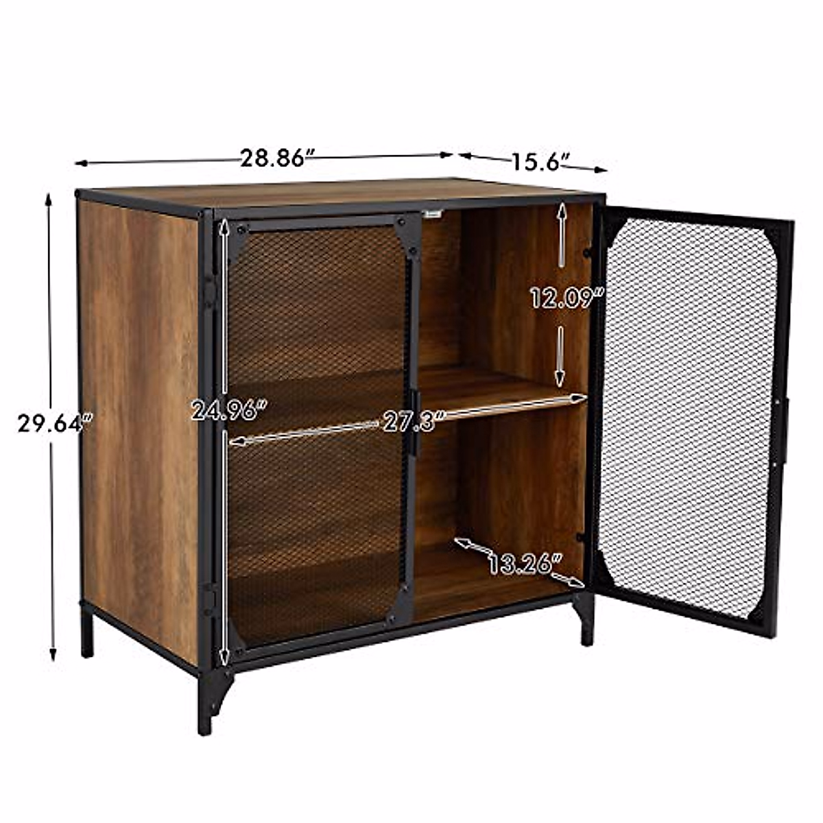 MELLCOM Buffet Cabinet, Industrial Liquor Cabinet with Metal Mesh 2 Doors, Wooden Freestanding Storage Cabinet for Home, Living Room and Kitchen， Brown