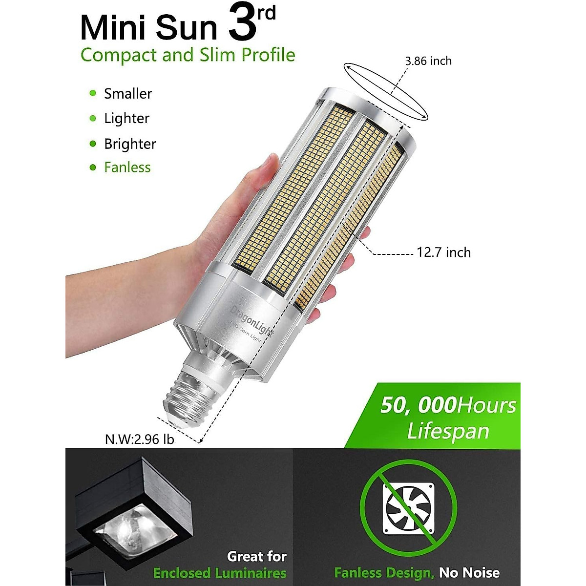 DragonLight 240W Commercial Grade Corn LED Light Bulb Fanless(1000 Watt MH/HPS Replacement) E39 Large Mogul Base LED Lamp 5000K Daylight 32,400Lumen