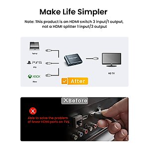 HDMI Switch 3 in 1 Out 4K@60Hz Aluminum Alloy【with 4FT HDMI 2.0 Cable】, avedio links 3x1 HDMI Multi Port Switch, 3 Way HDMI Selector Switcher Support HDCP 2.2, HDR 10, for Fire TV Stick, PS5
