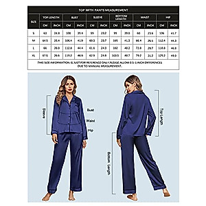 DUWMCON Button Up Pajama Set for Women Silk Satin Long Sleeve Top and Pajama Pants Sleepwear Soft Pjs Lounge Sets Navy Blue XL