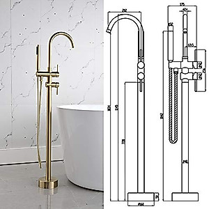 AYIVG Bathroom Brass Floor Mount Free Standing Bathtub Faucet Shower System Set (Brushed Gold)