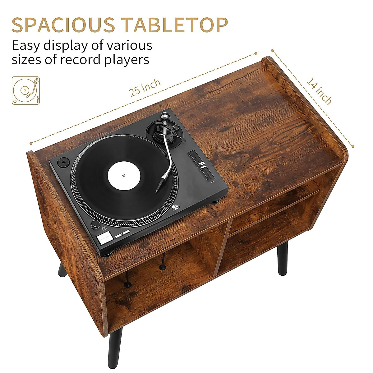 Possile Record Player Stand with Vinyl Record Storage, Mid-Century Turntable Stand for Living Room Bedroom Office, Record Player Table, Vinyl Holder Holds up to 100 Albums, Rustic Brown