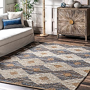 nuLOOM Hand Braided Marla Denim And Jute Diamonds Runner Rug, 2' 6" x 8', Off-white