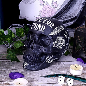 Nemesis Now Gothic Tattoo Fund Skull Money Box, Hand-Painted Resin with Traditional Tribal Illustrative Designs, Unique Savings Bank for Tattoo Enthusiasts