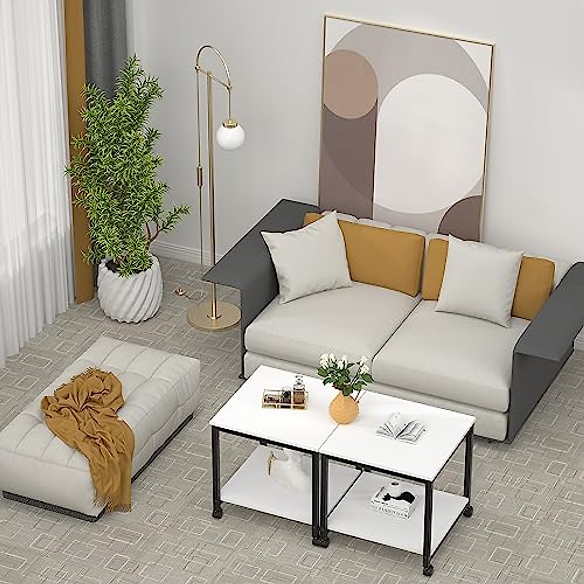 Homieasy Mobile 20 Inch Square End Table, 2-Tier Mini Fridge Printer Stand with Lockable Wheels, Metal Wood Accent Modern Simple Industrial Style Side Table for Living Room Bedroom, White