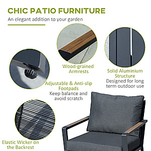 Outsunny 4 Piece Patio Furniture Set, Aluminum Conversation Set, Outdoor Garden Sofa Set with Armchairs, Loveseat, Center Coffee Table and Cushions, Dark Grey