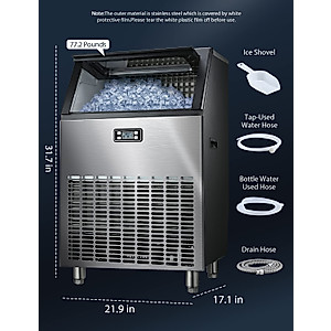 Commercial Ice Maker Machine Self Clean, 200lbs/24H Stainless Steel Ice Machine 105 Cubes/Batch in 11-18 Minutes with 48lbs Ice Storage Bin, Freestanding Ice Maker for Restaurant/Home/Food Truck