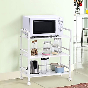 3-Tier Metal Storage Rack with Wheels - Heavy Duty Shelving Unit with Hooks - Microwave Stand Kitchen Rolling Cart - Garage Storage Rack - Multipurpose Utility Cart for Home Office Use - Ivory White