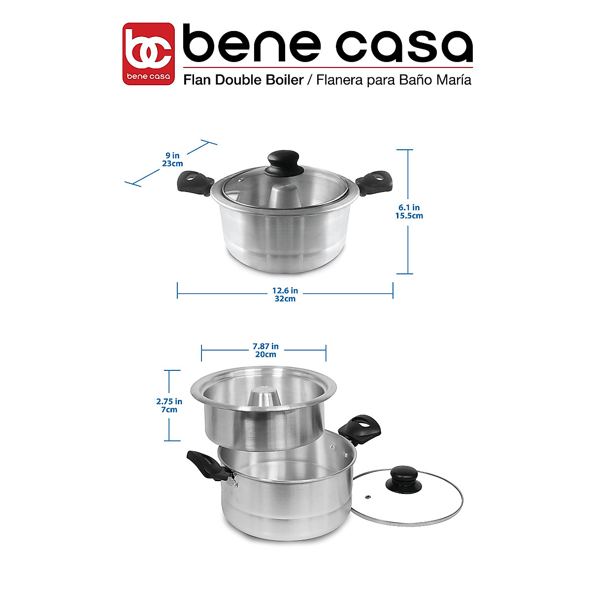 Bene Casa - Aluminum Flan Mold Double Boiler with Glass Lid (1.6 Liter) - Includes Aluminum Inner Pan (8") - Dishwasher Safe