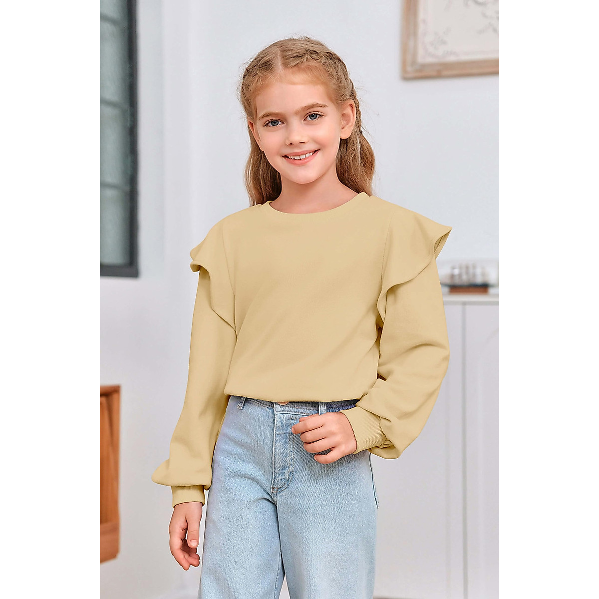 Zwurew Long Sleeve Girls Shirts Crewneck Sweatshirts Ruffle Tops Khaki Spring Clothes Shirts for Girls 9-10 Years
