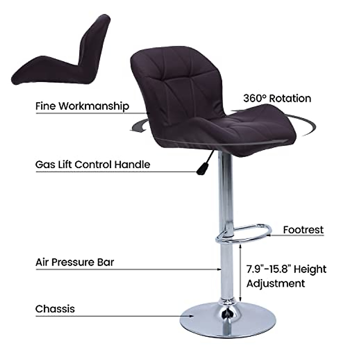 Puluomis Set of 2 Brown Shell Shaped Bar Stools Modern Gas-Lift Adjustable Swivel Leather Chair with Back, Chrome Base Counter Barstools, Large