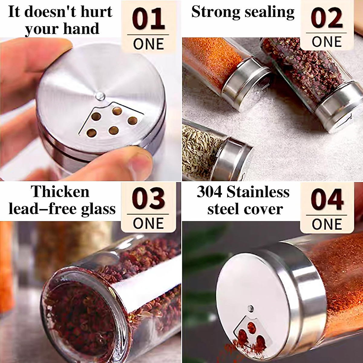 Salt and Pepper Shakers Set 4pcs, Spice Shaker for Kitchen, Pepper and Salt Container with Stainless Steel Lid, Glass Salt Shaker with Adjustable Pour Holes