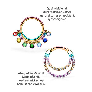 Ovxznts 6Pcs Septum Ring Septum Piercing Jewelry 16g Septum Clicker Ring Stainless Steel Septum Nose Rings Hoop for Men Women 10mm 3/8 inch Rainbow