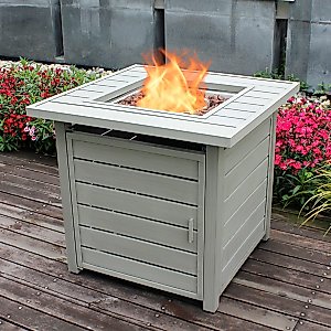 OutVue 28 Inch Propane Fire Pit Table, Outdoor Gas Fire Pits with Lid & Lava Rock, 50000 BTU Firepit for Dinning, Party in Outside, Patio, Garden or Yard (Light Grey)