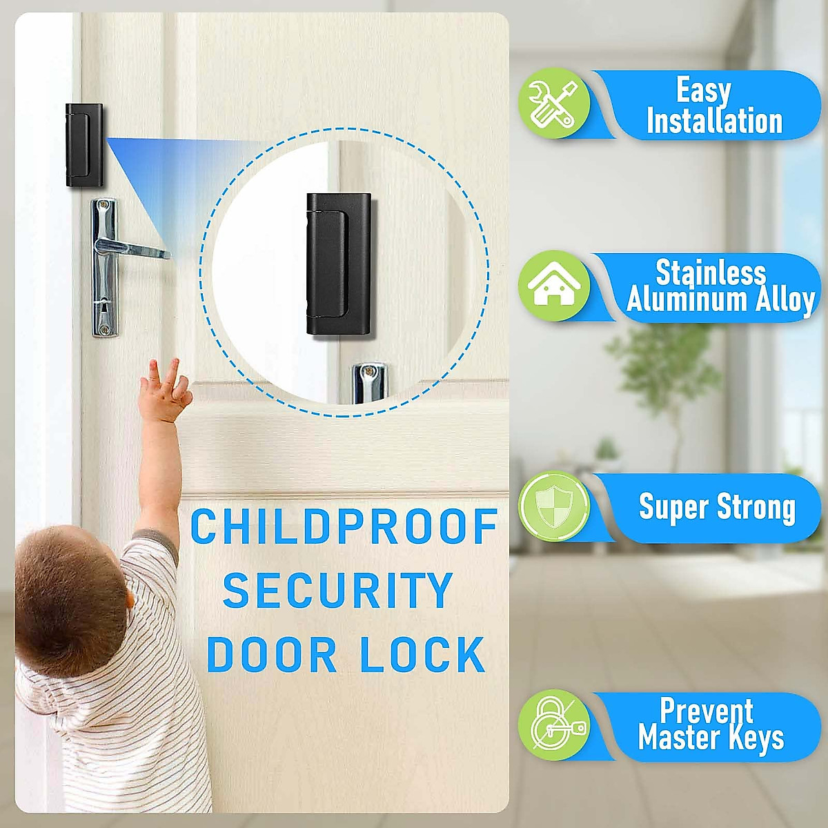 Steinwhale 3Pack Home Security Door Reinforcement Lock, Childproof Safety Door Lock Latch Inside Stopper, Add High Security to Prevent Home Unauthorized Entry, Aluminum Construction Finish Black