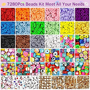 Korlon 7280 Pcs Clay Beads for Bracelets Making, Including 240 Pcs Fruit Flower Polymer Clay Bead Charms with Round Flat Heishi Clay Bead Kit for DIY Craft Necklace Jewelry