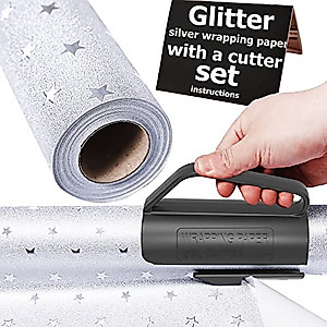 THMORT Glitter Wrapping Paper Roll with a Cutter Kit for Boys&Girls,Kids Babie Adults.17 Inch X 33 Feet Jumbo Rolls Glitter Princess Silver Stars Gift Birthday Wrapping Paper Roll for Baby Shower.