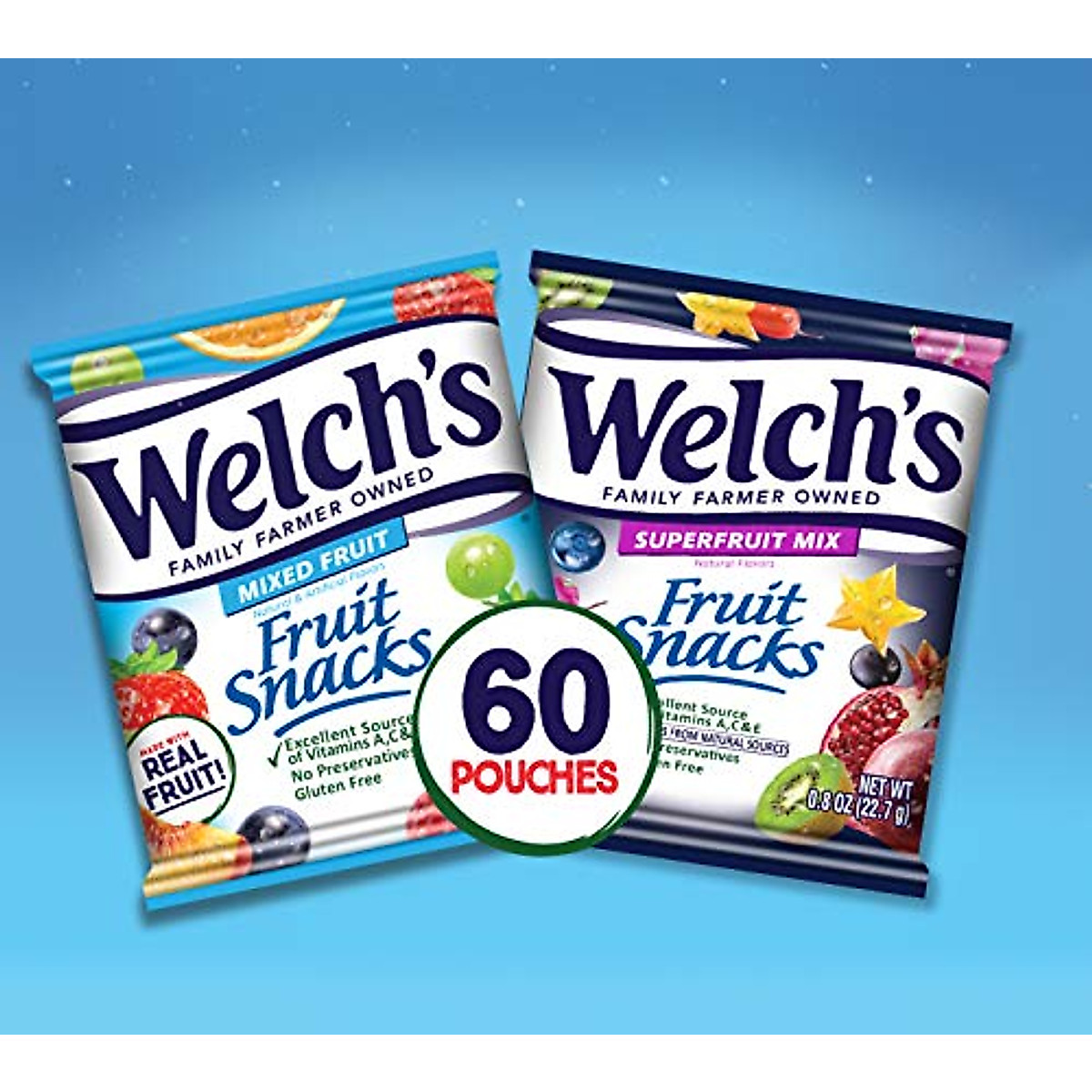 Welch's Fruit Snacks, Mixed Fruit & Superfruit Bulk Variety Pack, Gluten Free, 0.8 oz Individual Single Serve Bags (Pack of 60)
