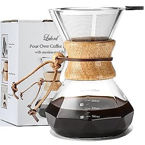 Lalord Pour Over Coffee Maker with Reusable Stainless Steel Filter, 20 oz Borosilicate Glass Coffee Carafe, Wooden Collar, Coffee Dripper Brewer, Hold 3 Cups, 600ml